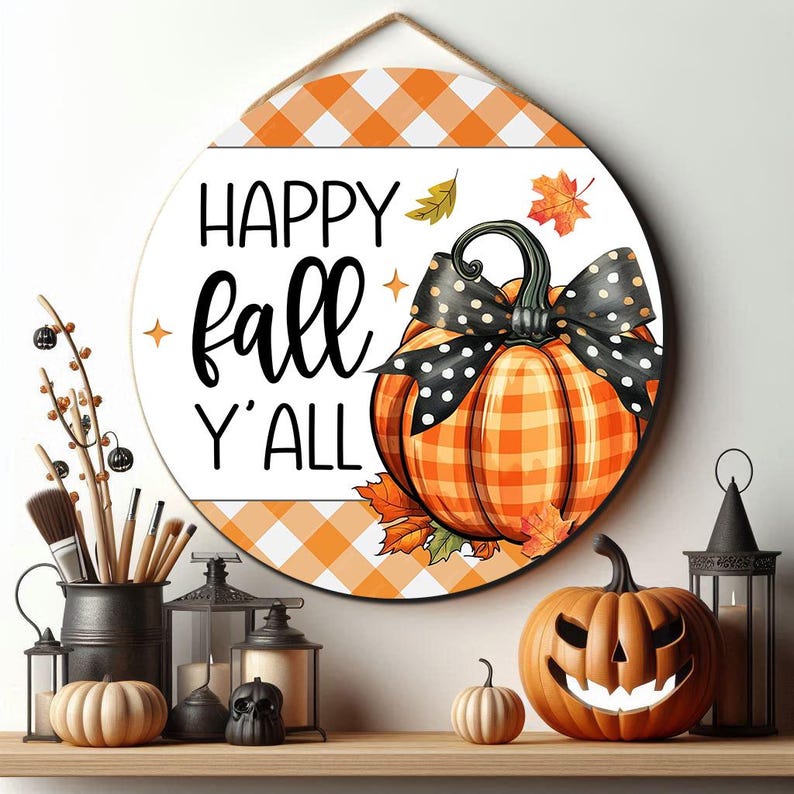Happy Fall Y'all Door Hanger, Fall Front Door Decor, Pumpkin Door ...