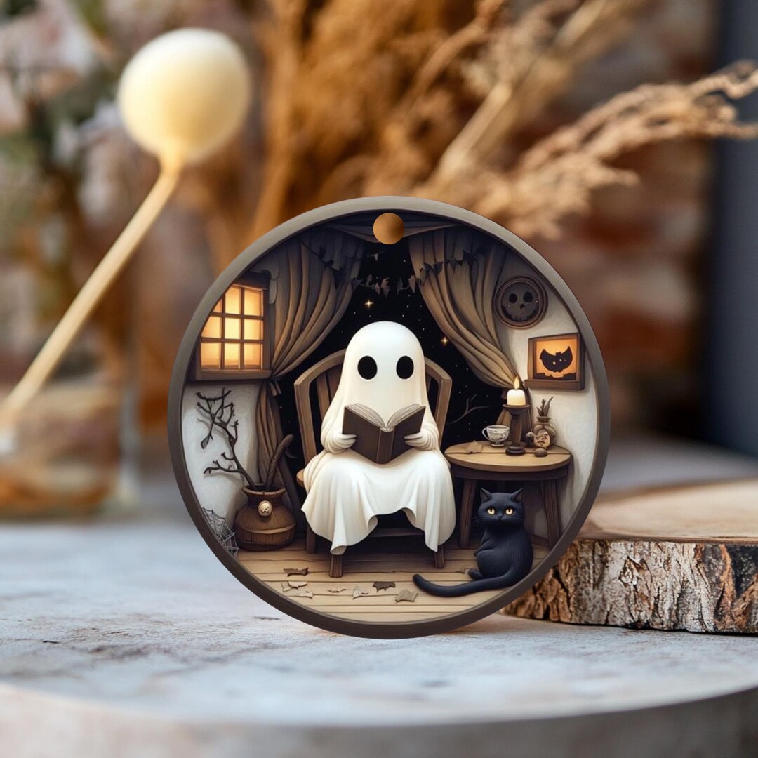 2D Spooky Ghost Reading Book Halloween Ornament, Ghost Printed Ceramic ...