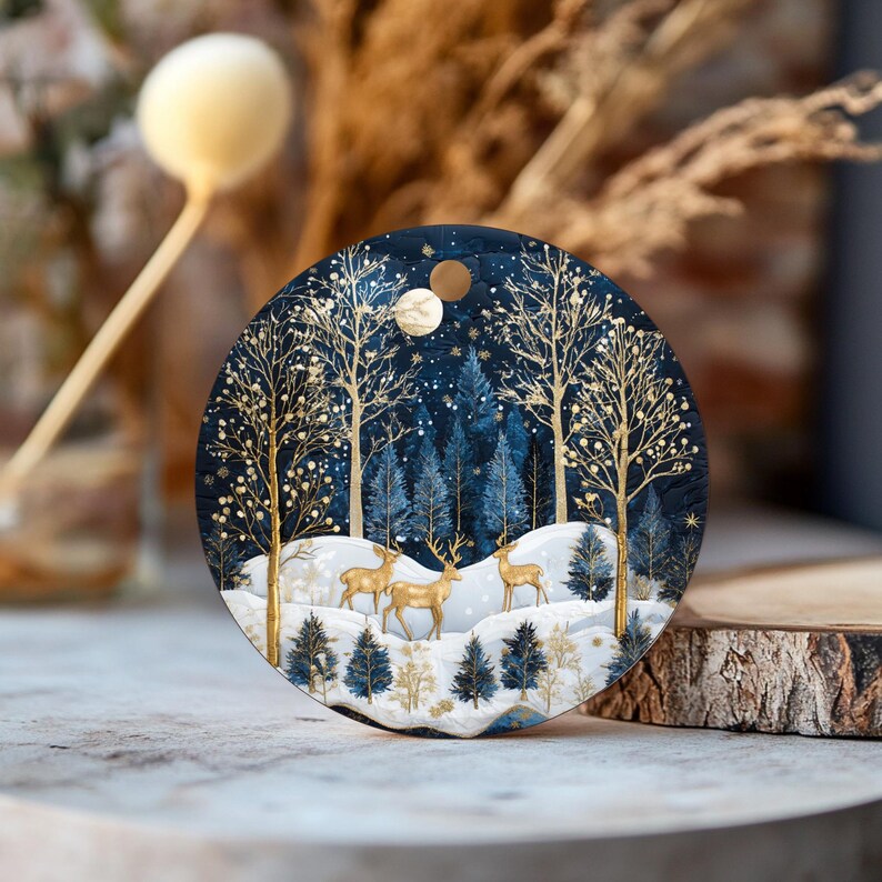 Ceramic Christmas Ornament, Golden Deer in Winter Forest, Add Elegance ...
