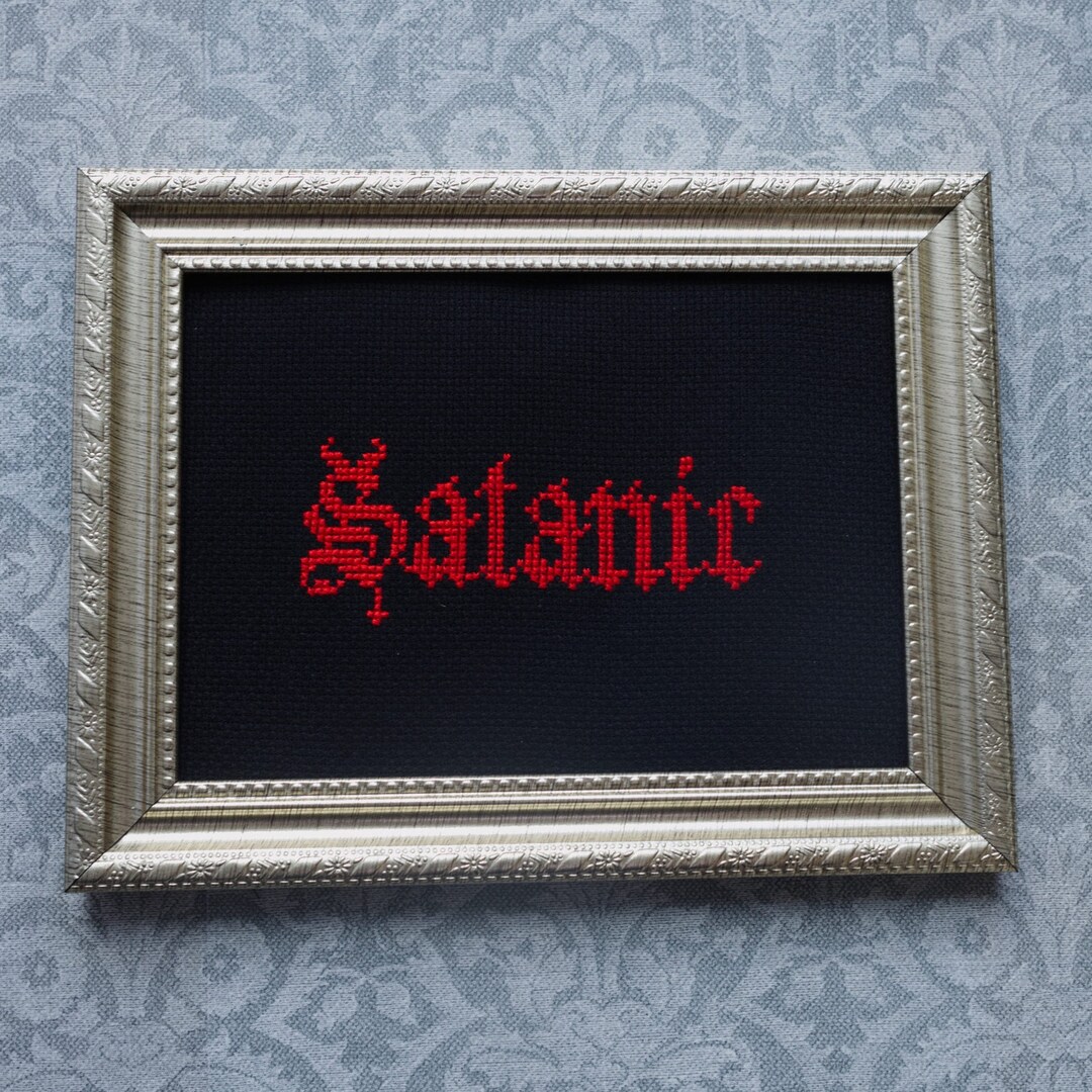 Satanic Original Handmade Cross Stitch Wooden Framed Gothic Home Horror ...