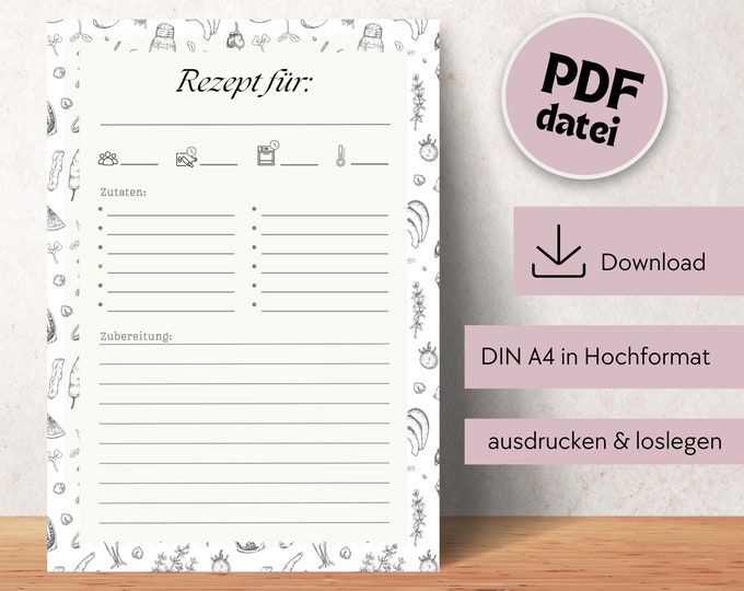 Rezeptvorlage zum Ausdrucken, Rezept DIN A4 zum Drucken, digitaler ...