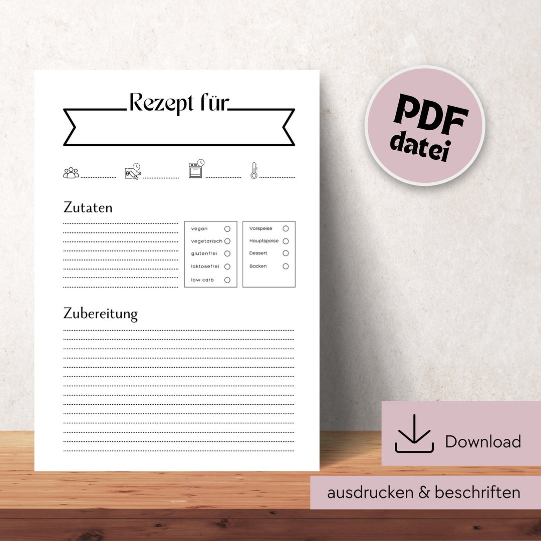 Rezeptvorlage zum Ausdrucken, Rezept DIN A4 zum Drucken, digitaler ...
