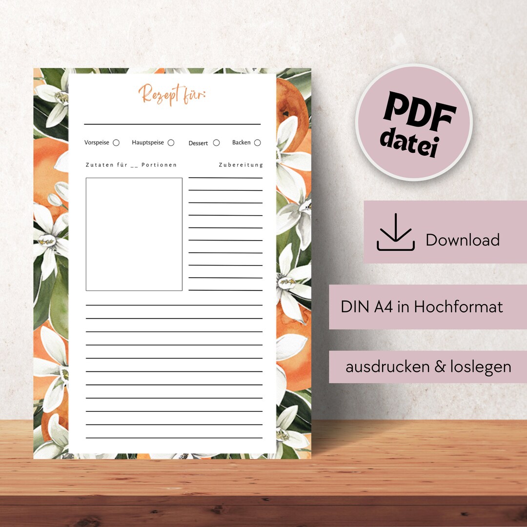 Rezeptvorlage zum Ausdrucken, Rezept DIN A4 zum Drucken, digitaler ...