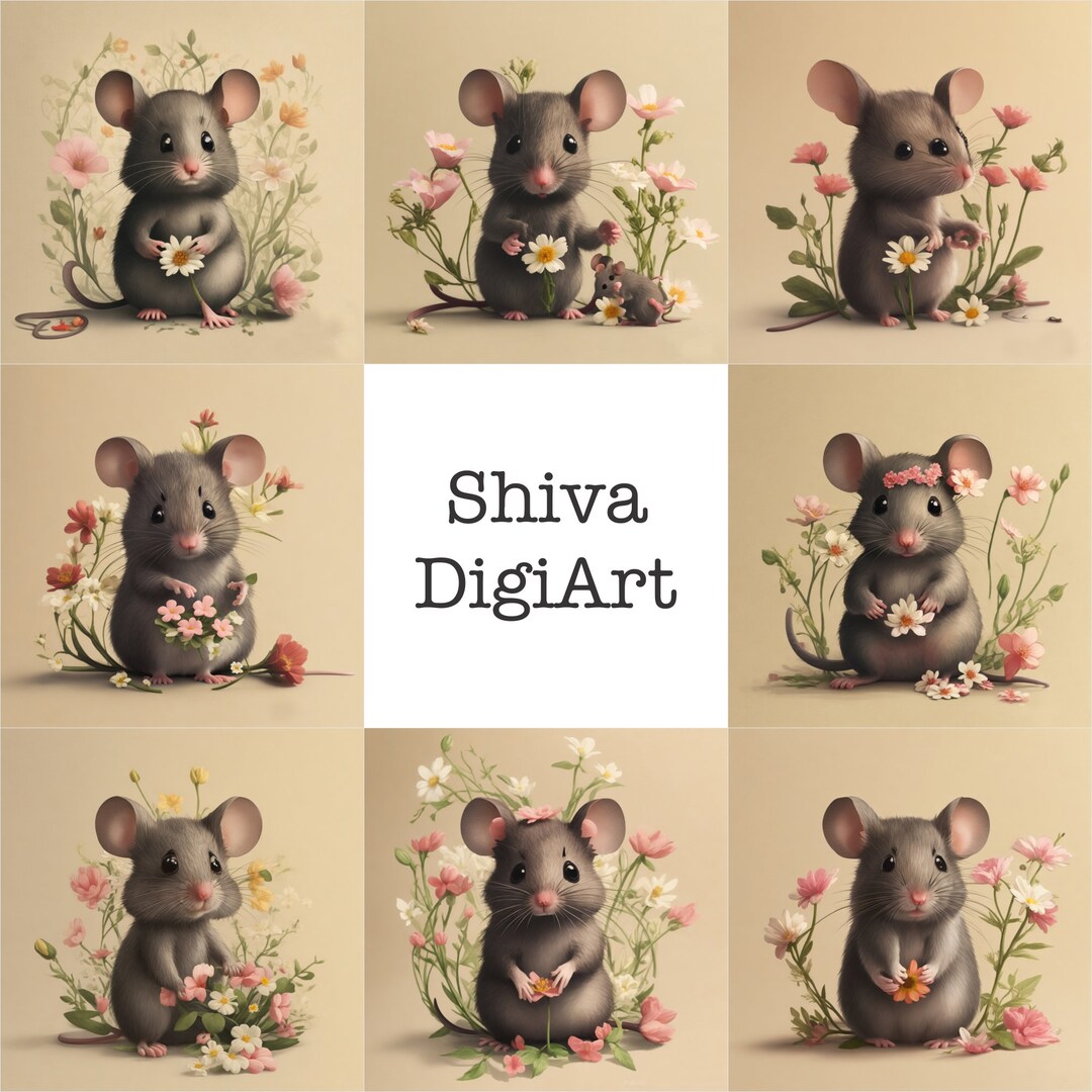 A Painting of a Mouse and a Mouse With Flowers in Front of a Beige ...