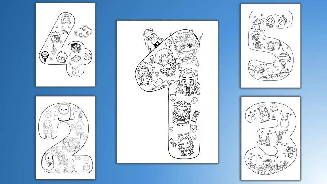 Anime Themed Numbers 1 to 5 Colouring Pages Children & Adults Printable ...