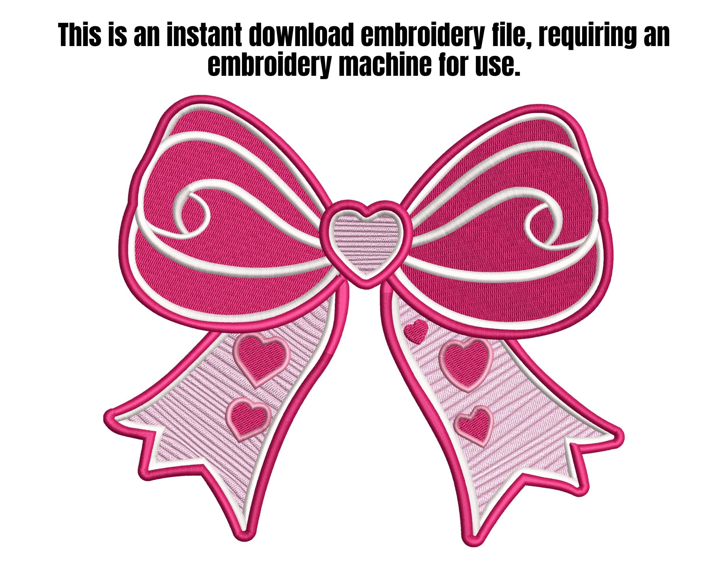 Pink Heart Bow Embroidery Design, Cute Ribbon Bow Applique, Girly Hair ...
