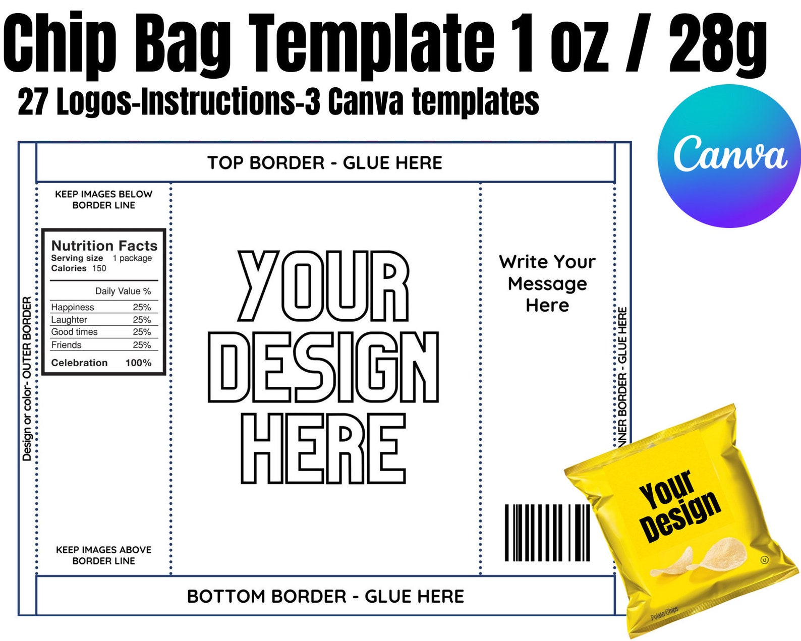 EDITABLE Chip Bag Wrapper Template, 1 Oz Chip Bag Party Favors ...