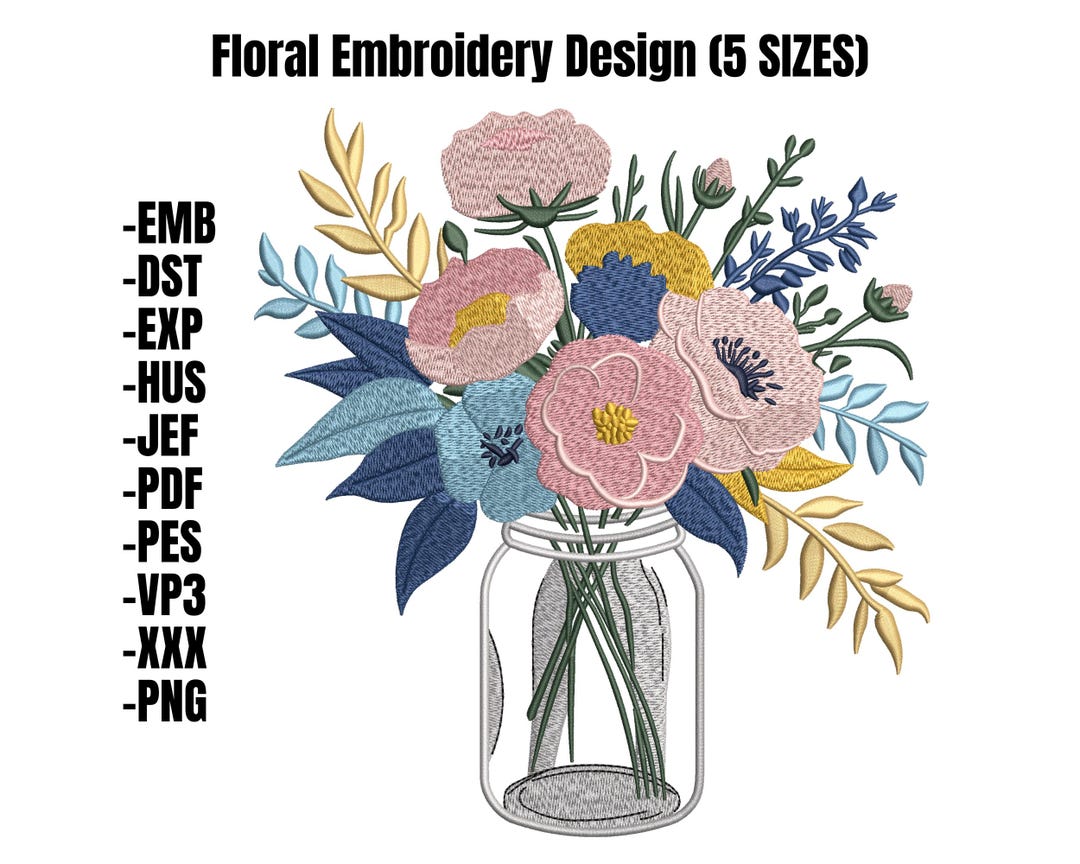 Floral Jar Machine Embroidery Design, Wildflower Bouquet (digital ...
