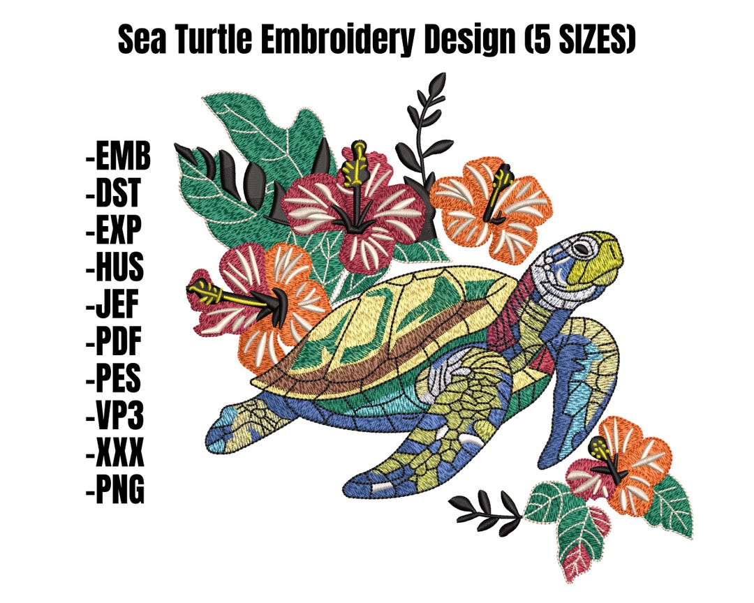 Sea Turtle Embroidery Design, Turtles and Flowers Motive, Pattern for ...
