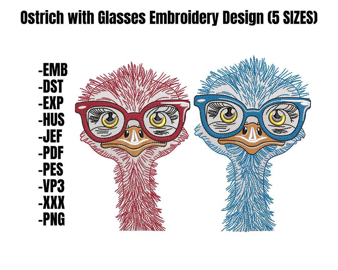Ostrich With Glasses Machine Embroidery Design | Funny Ostrich ...