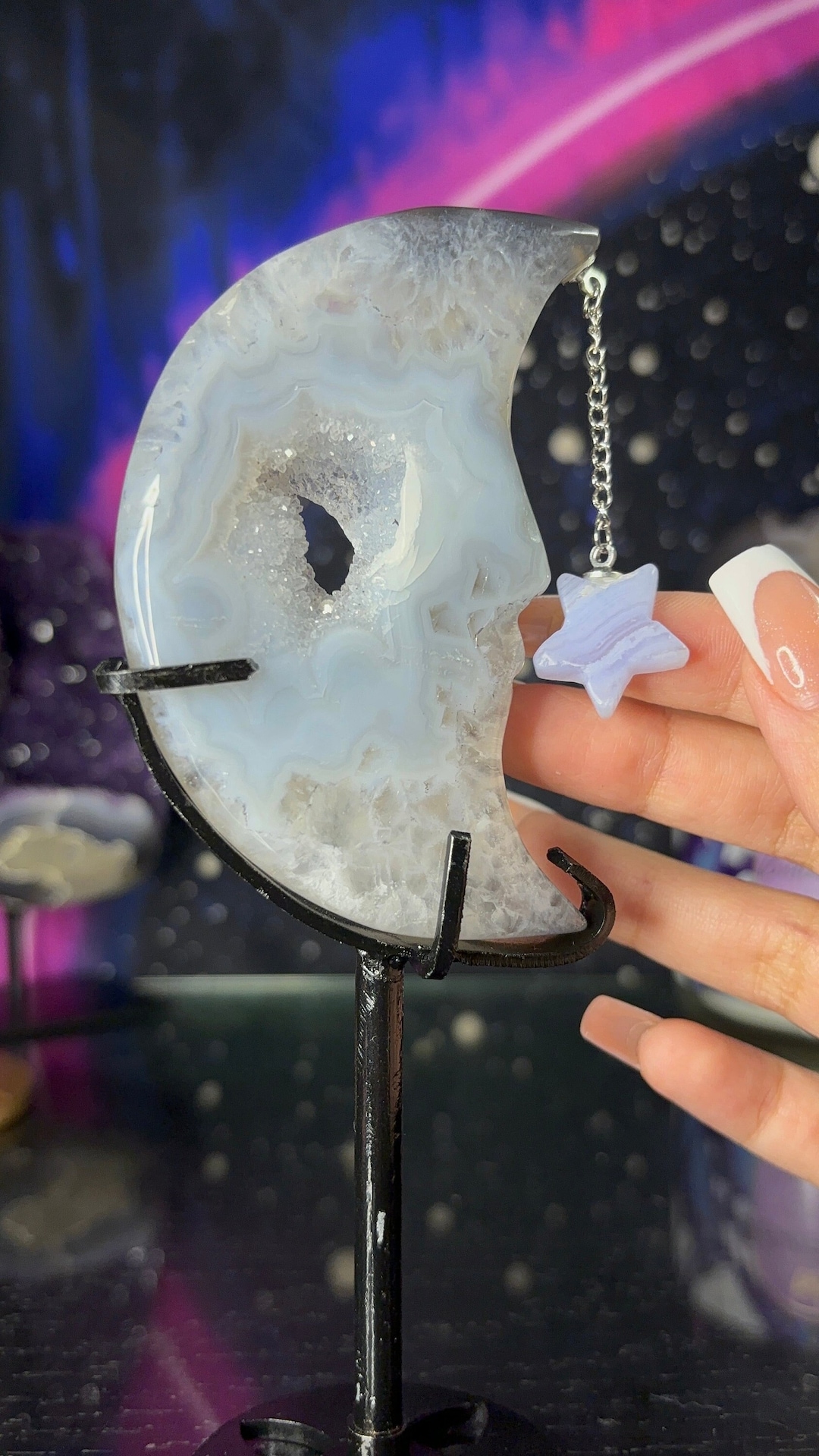 Blue Lace Agate Moon Carving on Stand With Star Pendant- 4" Light Blue ...