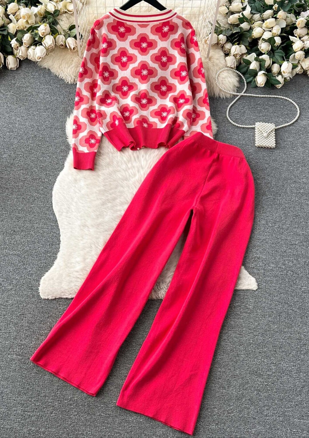 Knitted Set: Poinsettia Red / 2024 Winter Fashion / Sweater and Pants ...