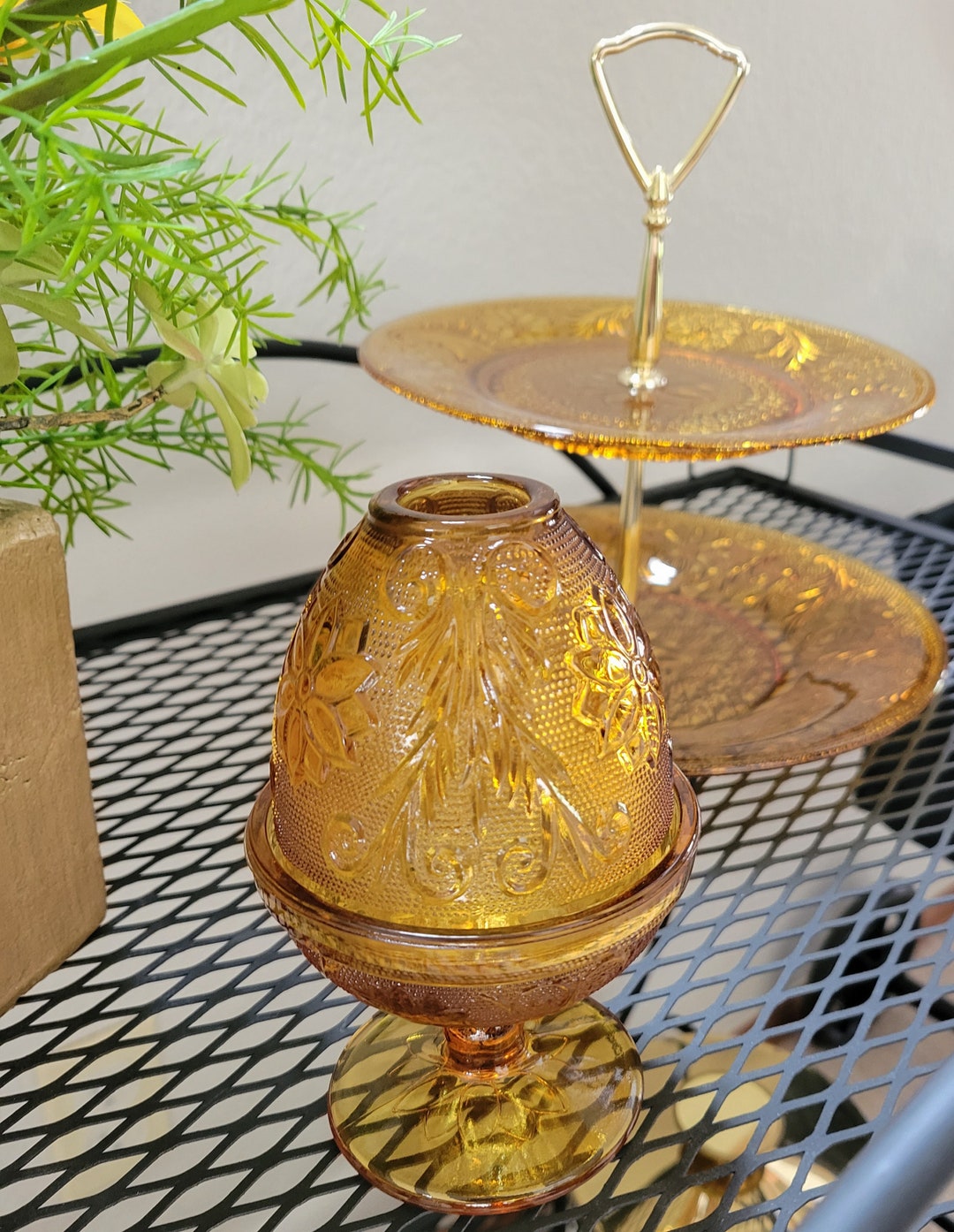 Indiana Glass Tiara Sandwich Pattern Fairy Lamp in Amber Color - Etsy