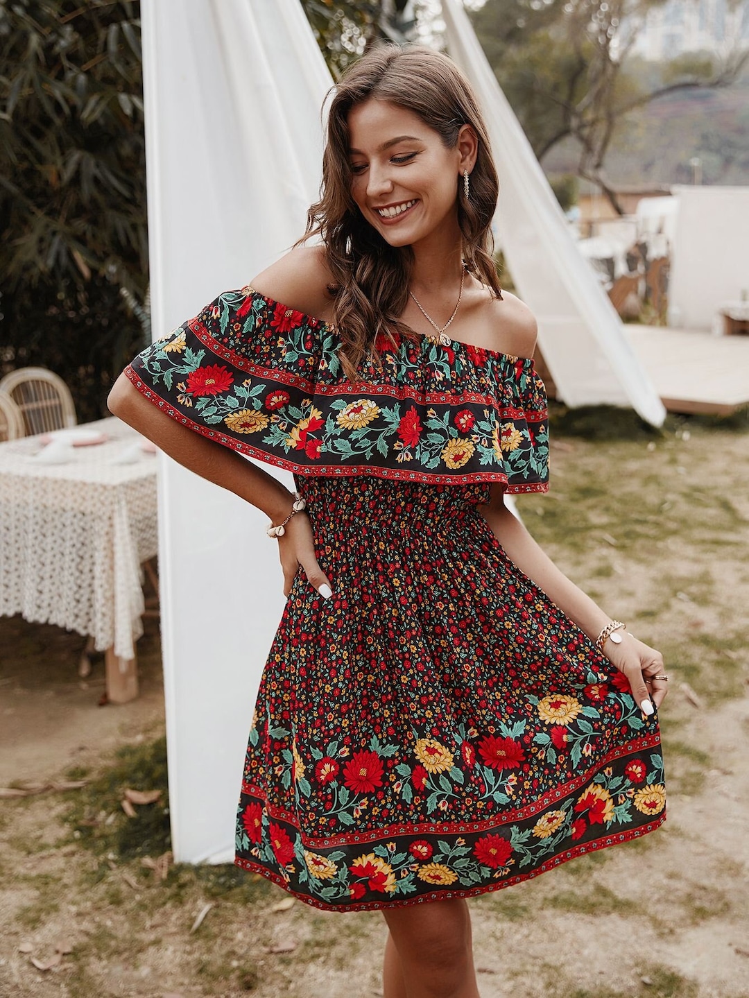 Bohemian Off Shoulder Boho Dress Flutter Sleeves A Line Etsy