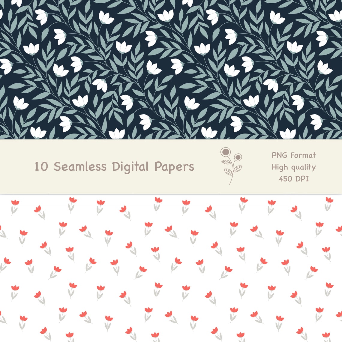10 Seamless Digital Papers, Floral Pattern, Commercial Use, Spring ...