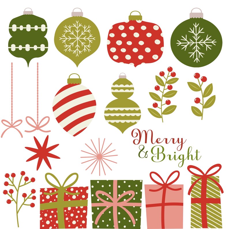 Merry and Bright Clipart Set- Christmas Clip Art PNG, Digital Stickers ...