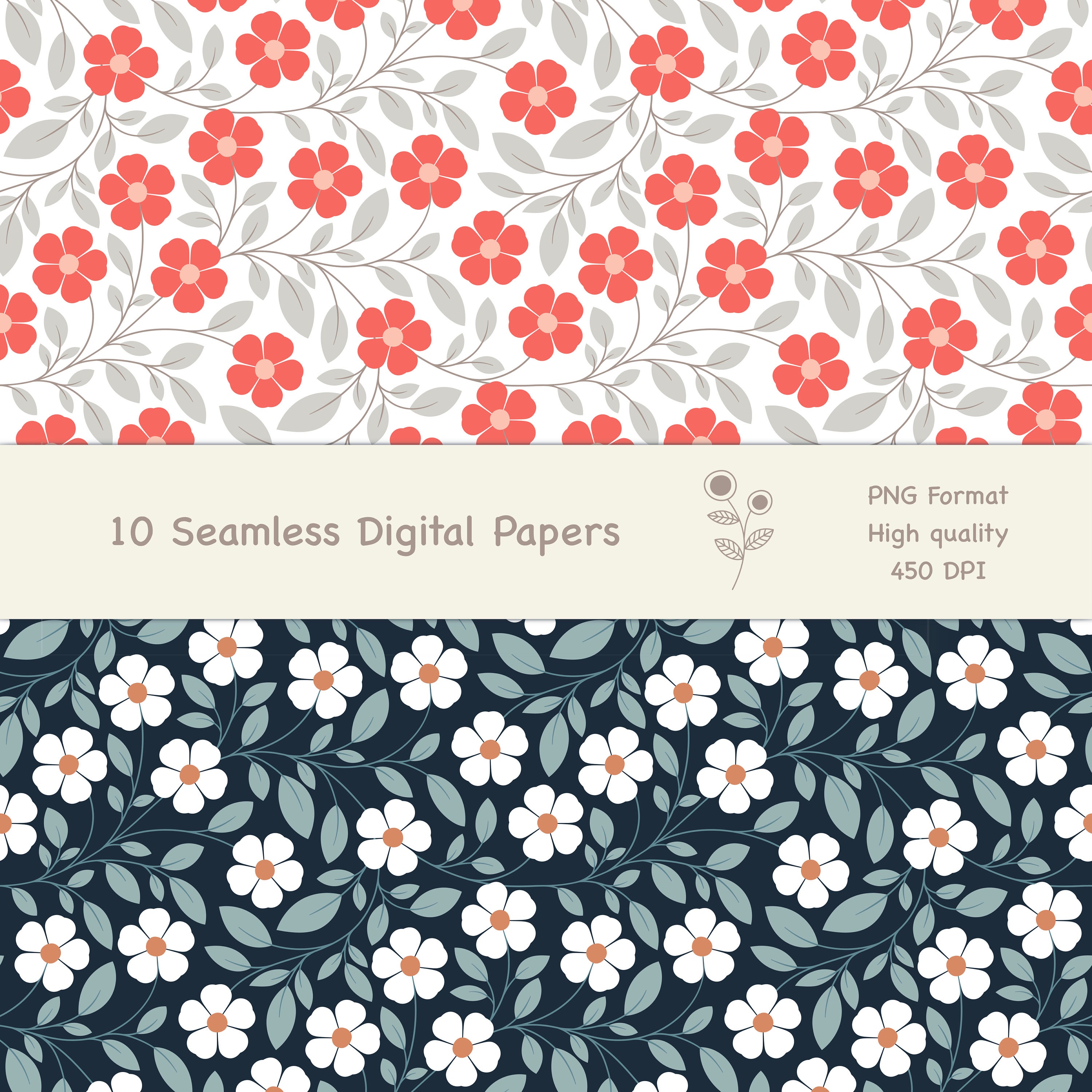 10 Seamless Digital Papers, Floral Pattern, Commercial Use, Spring ...