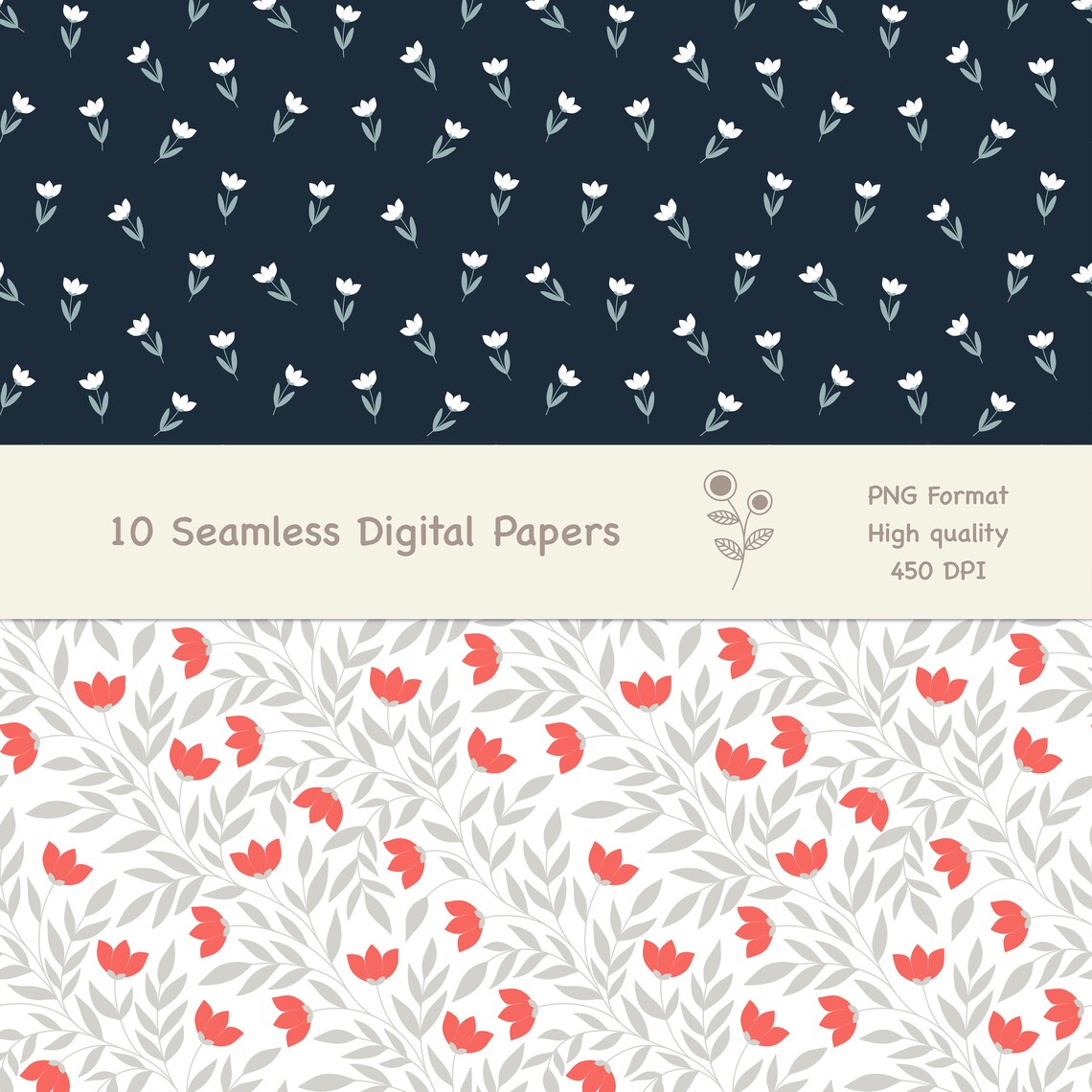 10 Seamless Digital Papers, Floral Pattern, Commercial Use, Spring ...