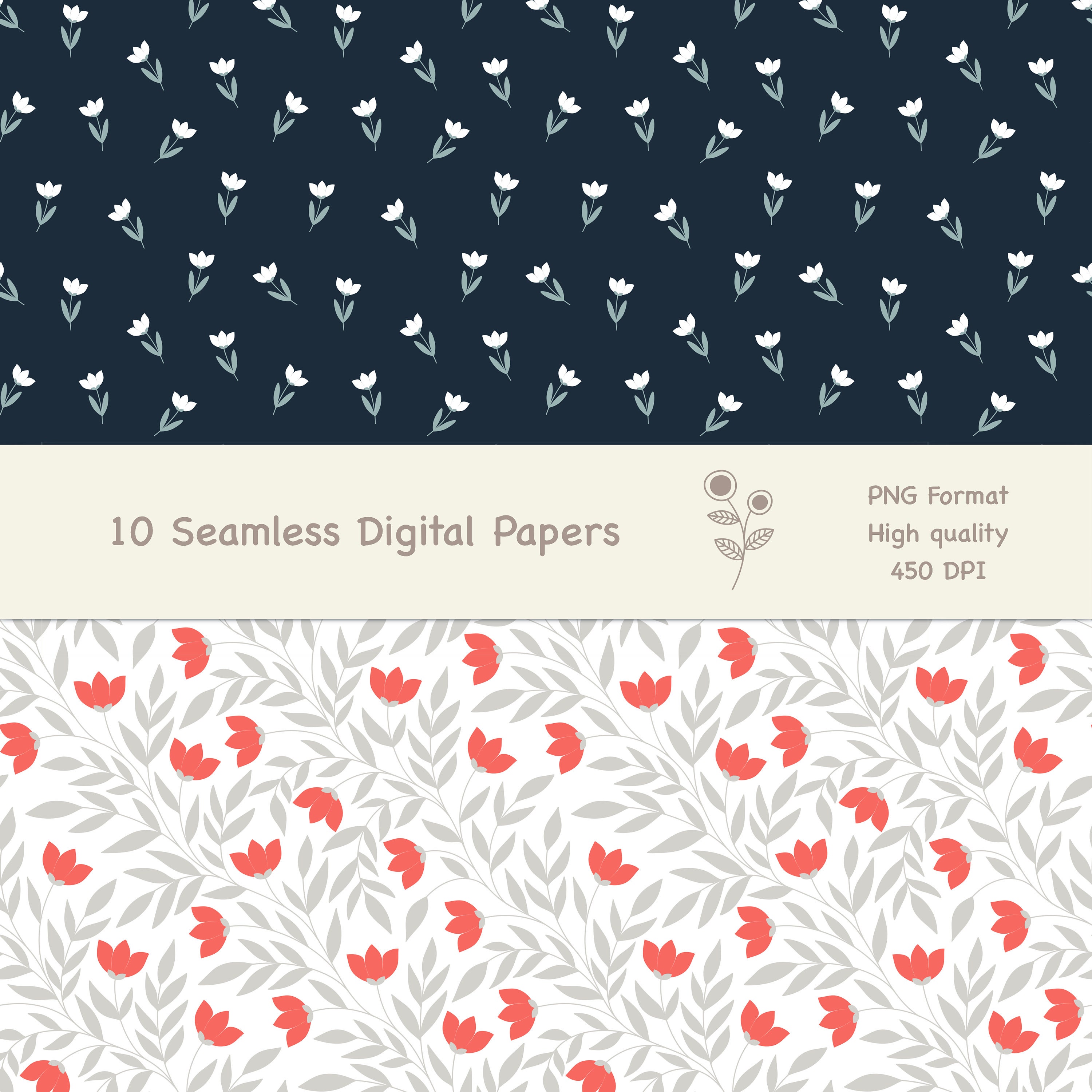10 Seamless Digital Papers, Floral Pattern, Commercial Use, Spring ...