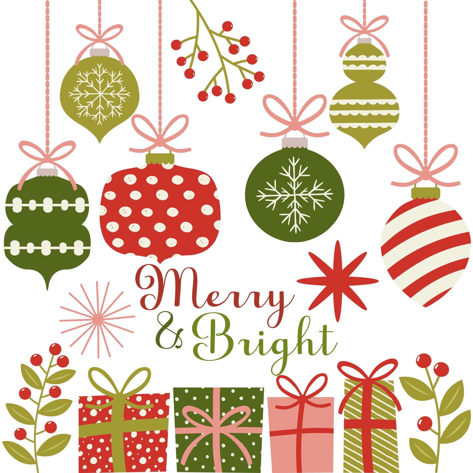 Merry and Bright Clipart Set- Christmas Clip Art PNG, Digital Stickers ...