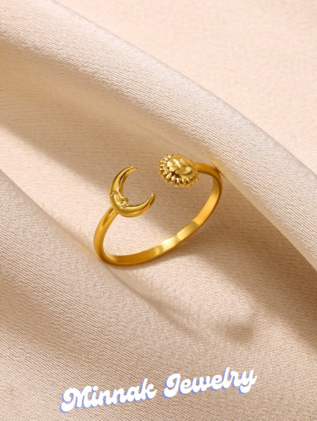 1pc Stainless Steel Sun & Moon Shaped Open Ring With Abstract Design ...