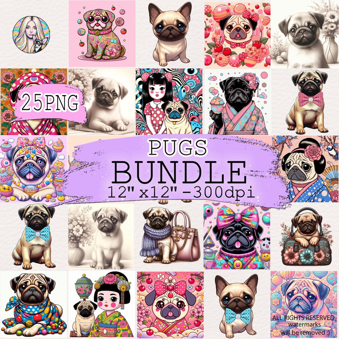 BUNDLE Pug Dogs Clipart, Cute Japanese Pugs, Funny Pug Animal Pets ...