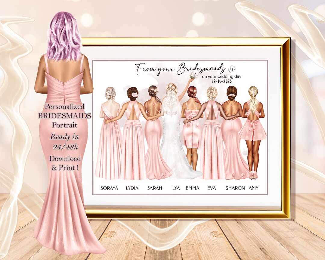 Printable the Bride and Her 7 Bridesmaids Portrait, Bridesmaids Gift ...