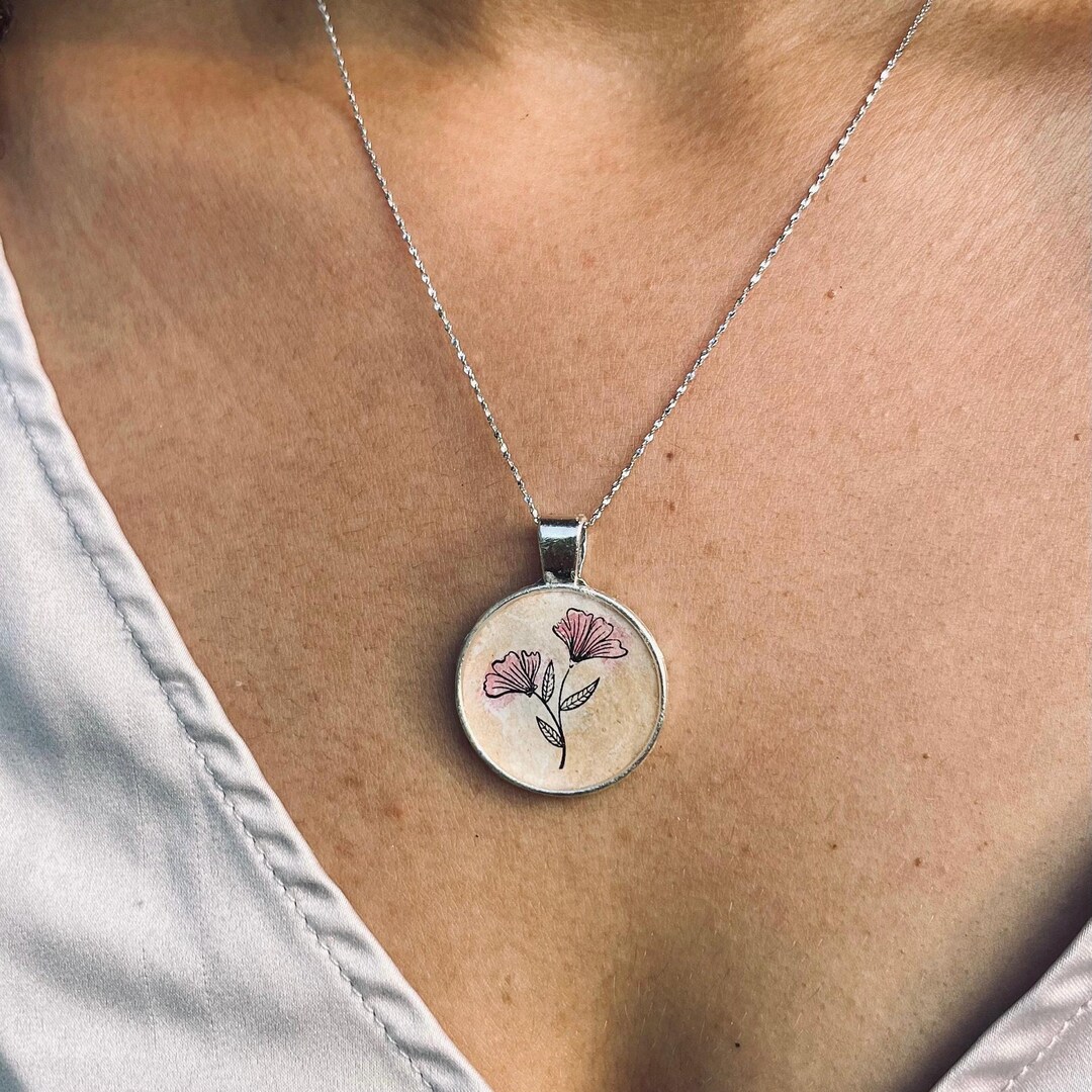 Sterling Silver Pink Flower Silhouette Pendant Necklace Minimalist ...
