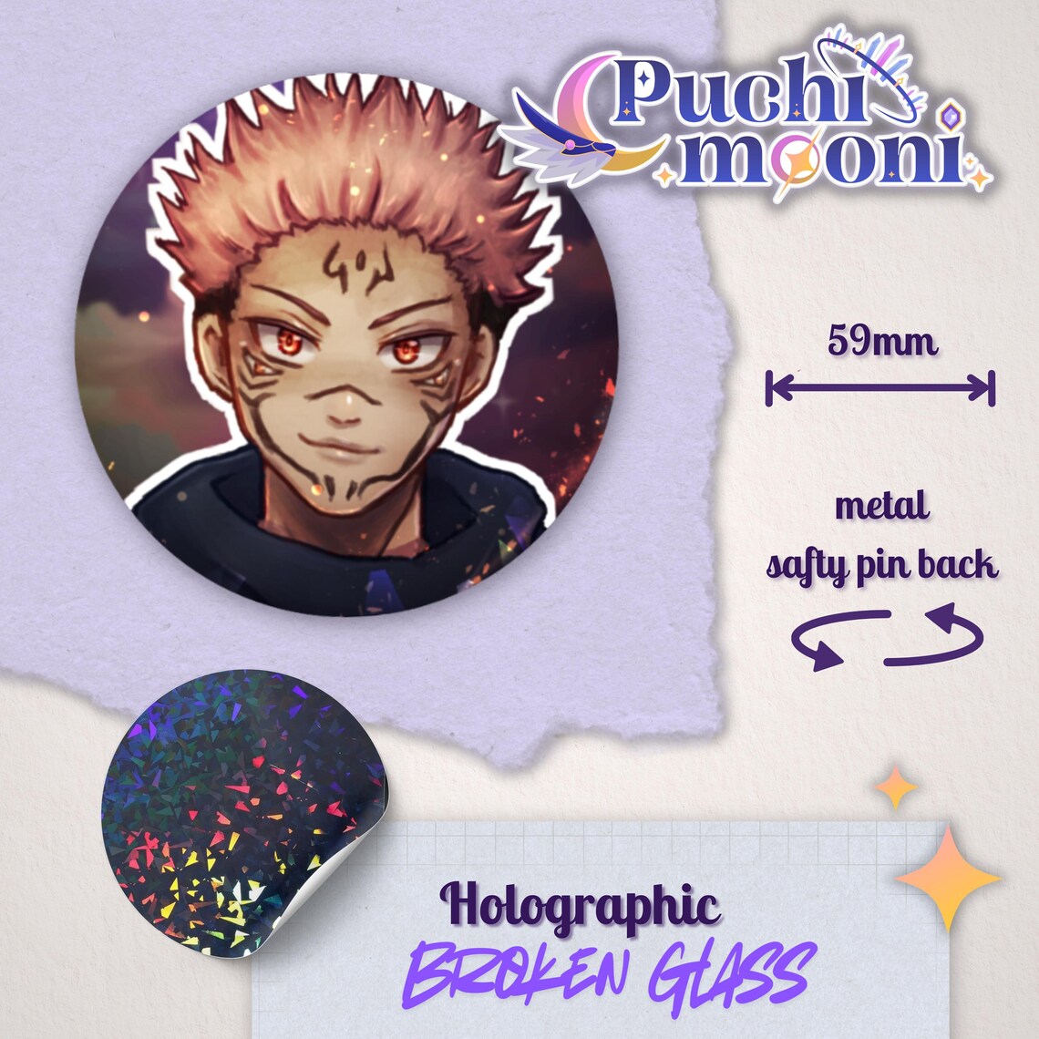Ryomen Sukuna - JJK | Anime Button Pin 59mm – Holographic "broken Glass ...