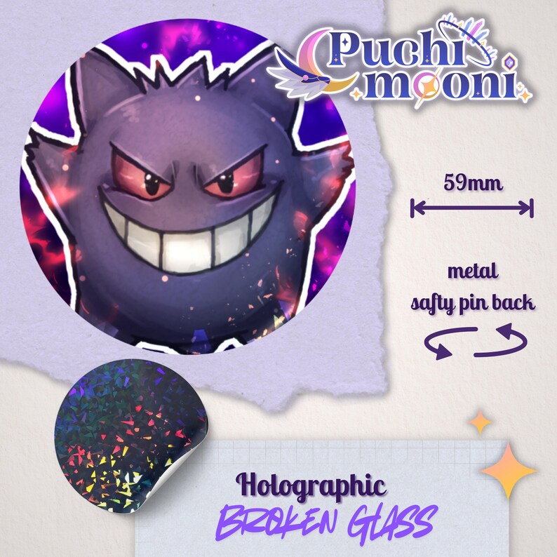 Gengar - Pokemon | Anime Collector Button Pin 59mm – Holographic ...