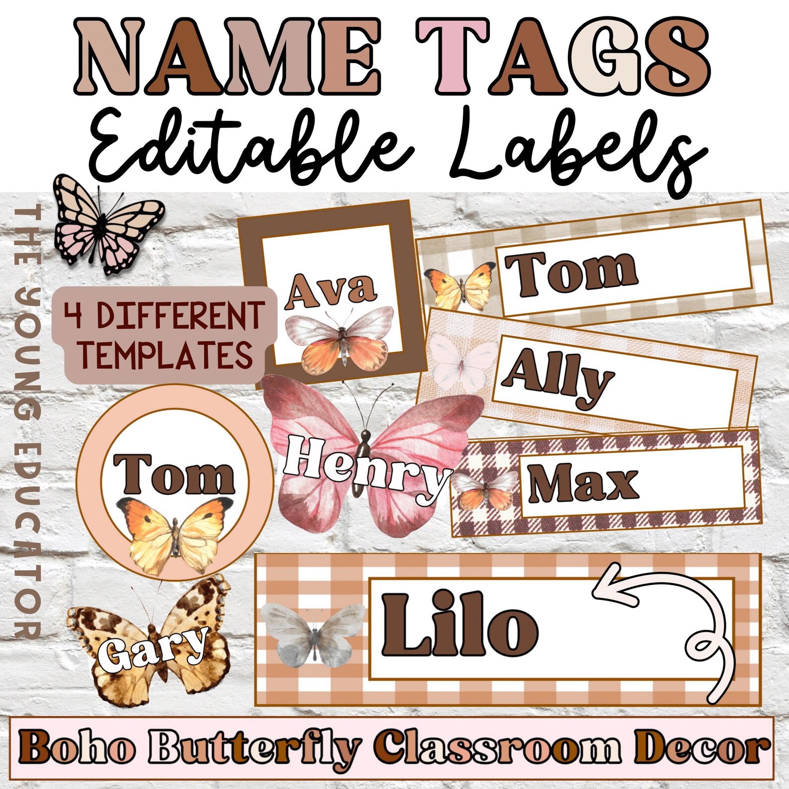 Editable Name Tags Plates | Locker Labels | Bin Tags | Boho Butterfly ...