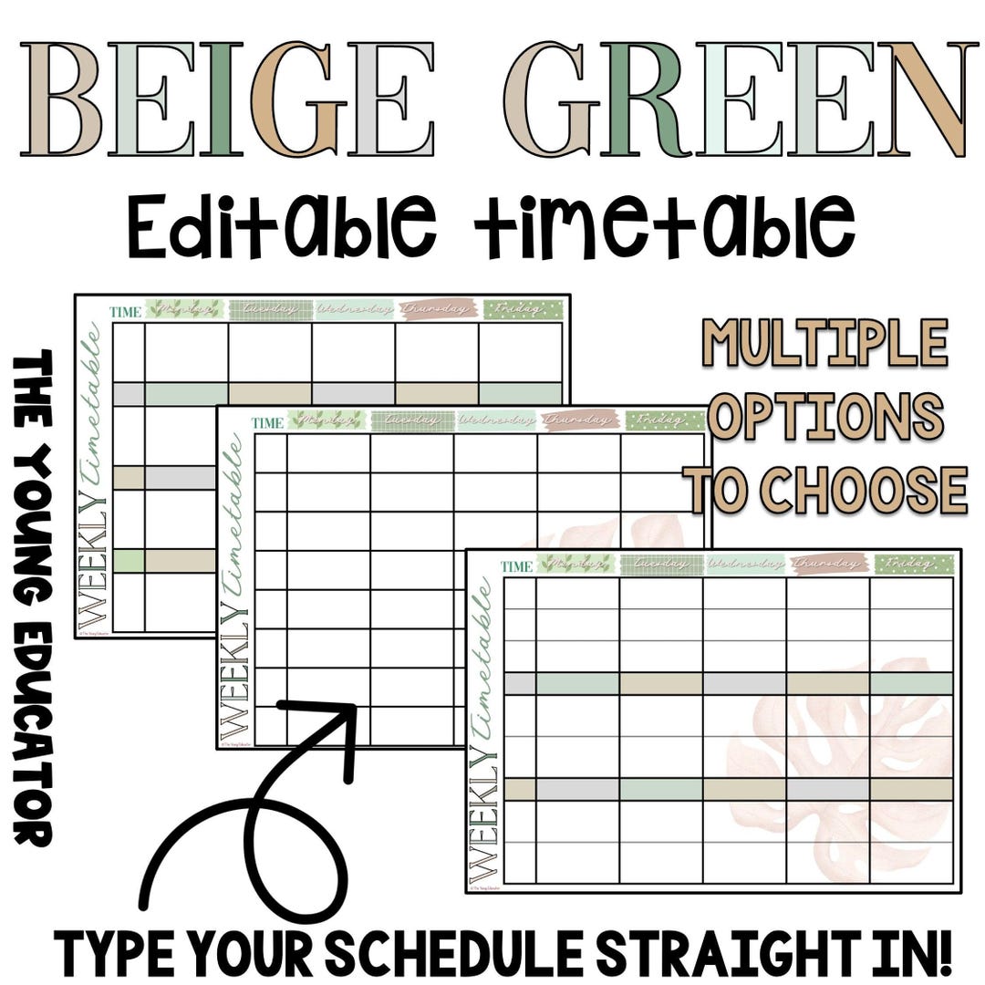Editable 'BEIGE GREEN' Teacher Timetable Template - Etsy