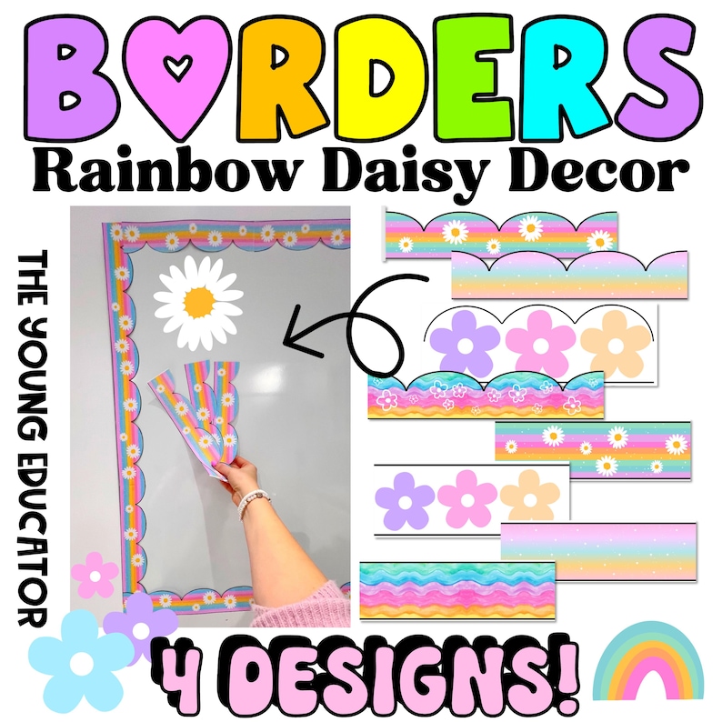 Rainbow Daisy Theme Classroom Decor - Bulletin Board Borders - Rainbow ...