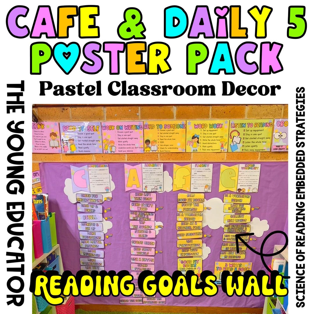 Cafe Reading Strategy Goal Display & Daily 5 Posters / Pastel Rainbow ...