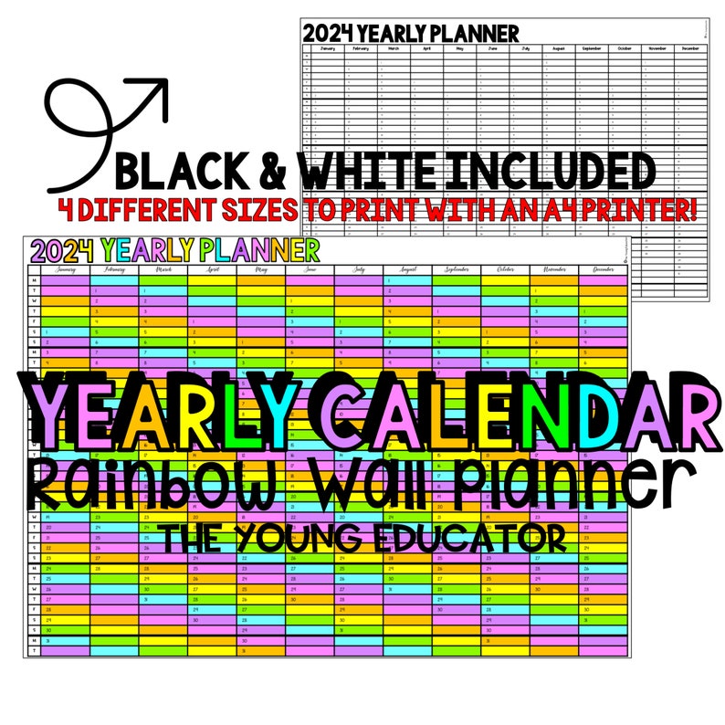 2024 Bright Rainbow Wall Planner Yearly Calendar free Updates Each Year ...