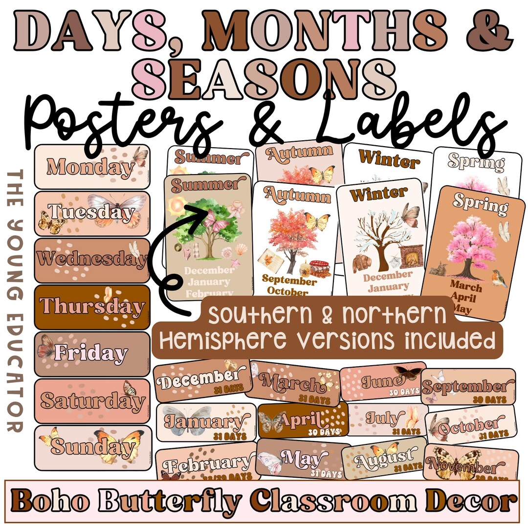 Days, Months, Seasons Posters & Labels | Boho Butterfly Theme - Etsy