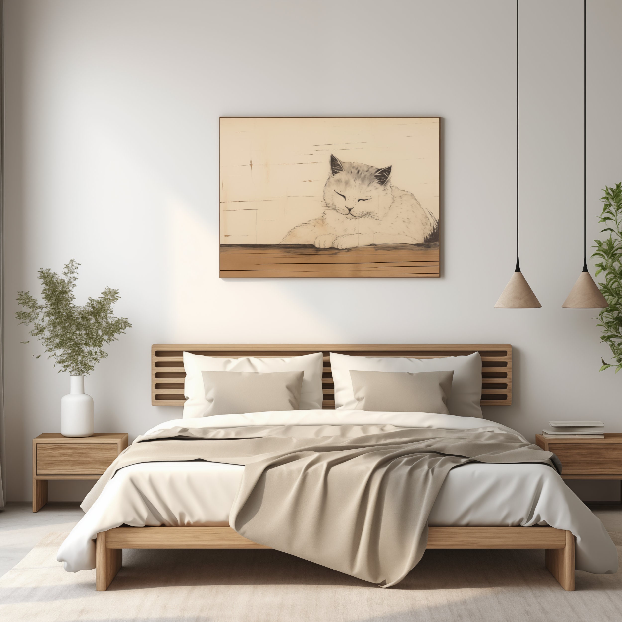 Japandi Horizontal Wall Art Sleeping Cat Wabi Sabi Art Wabi Sabi ...