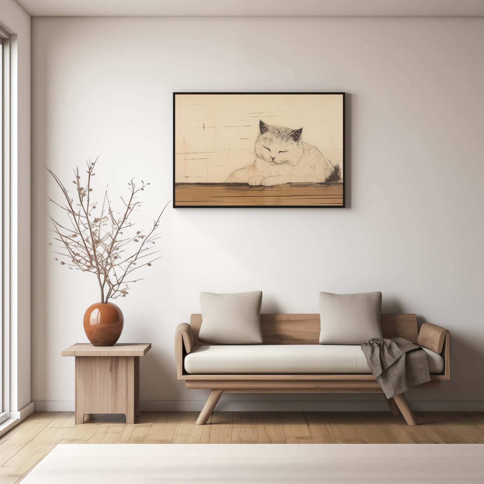 Japandi Horizontal Wall Art Sleeping Cat Wabi Sabi Art Wabi Sabi ...