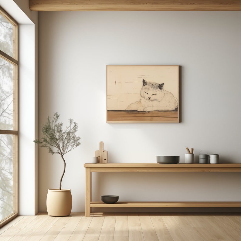 Japandi Horizontal Wall Art Sleeping Cat Wabi Sabi Art Wabi Sabi ...