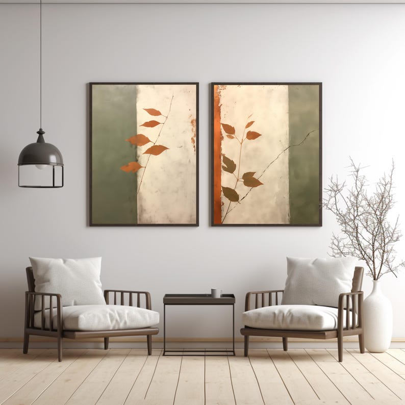 Japandi Wall Art Set: Sage & Terracotta Rustic Branch Prints (digital ...
