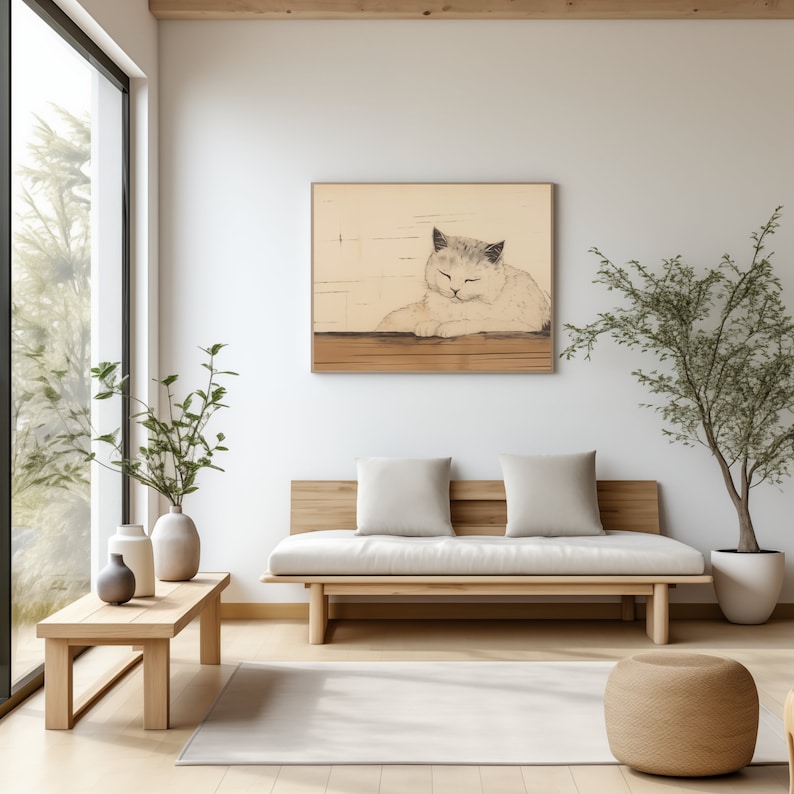 Japandi Horizontal Wall Art Sleeping Cat Wabi Sabi Art Wabi Sabi ...