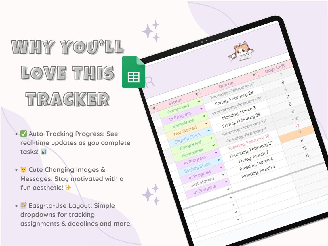 Assignment Tracker Google Sheets Template, Aesthetic Student Planner ...