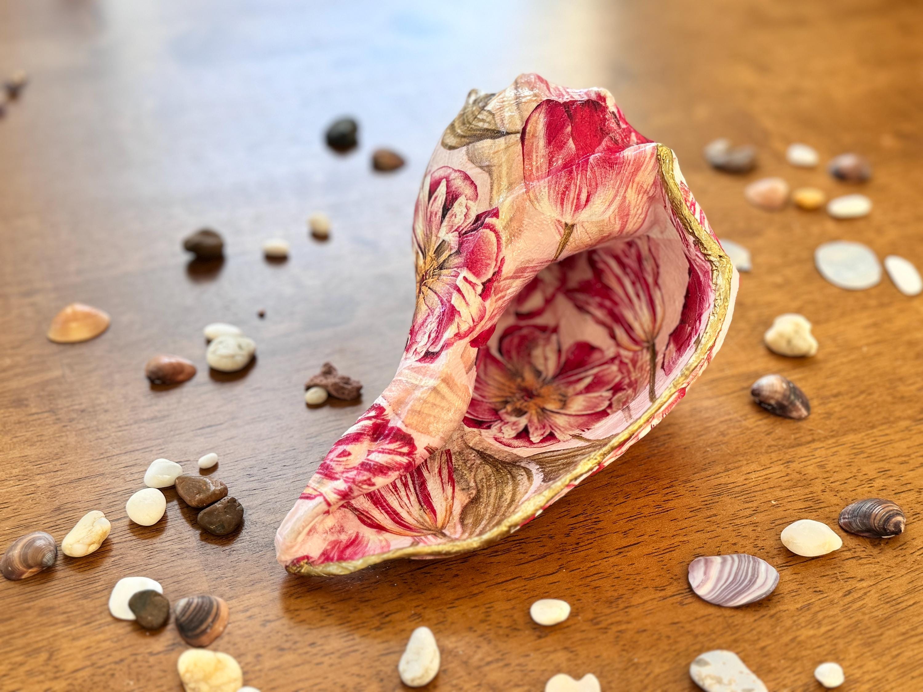 Decoupage Whelk Shell: Pink Floral Coastal Decor - Etsy