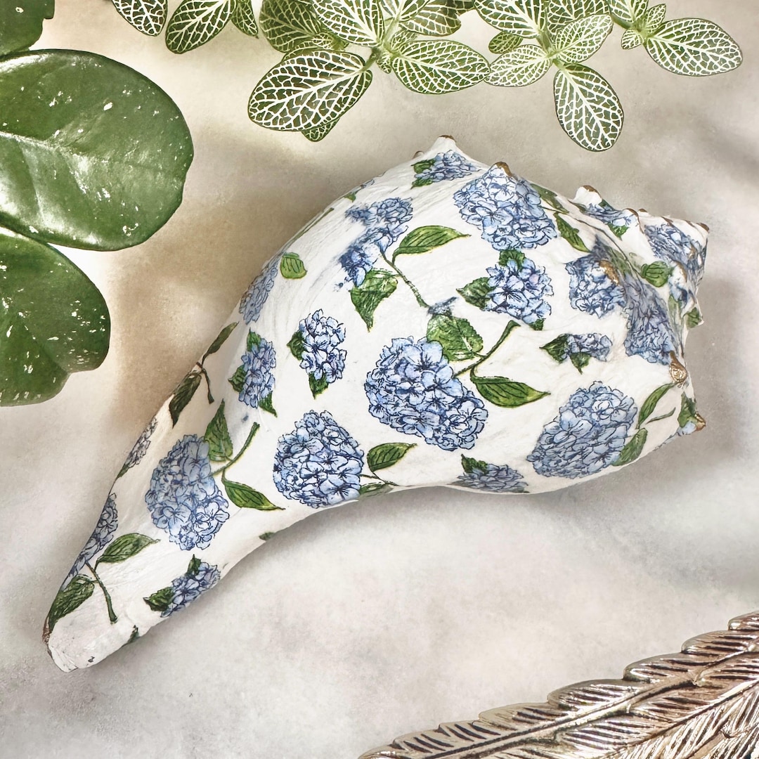 Whelk Shell, Blue Hydrangea, Decoupage, Home Decor, Coastal Decor ...