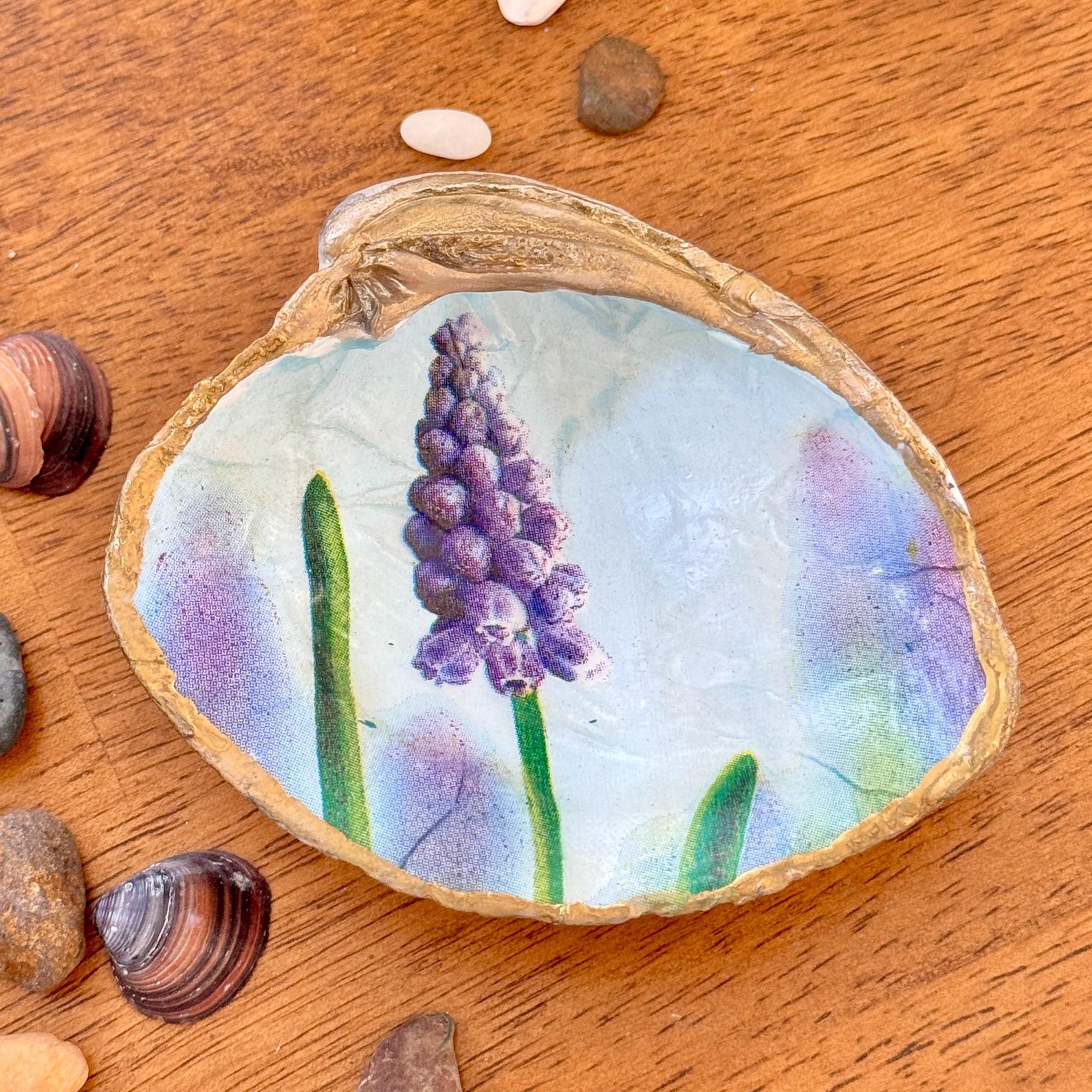 Handcrafted Decoupage Clam Shell: Purple Flowers & Butterfly Trinket ...
