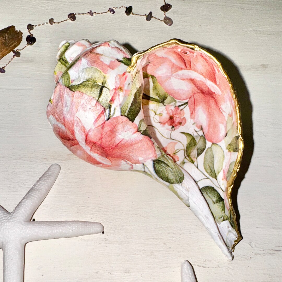 Decoupage Whelk Shell: Pink Floral Coastal Decor - Etsy