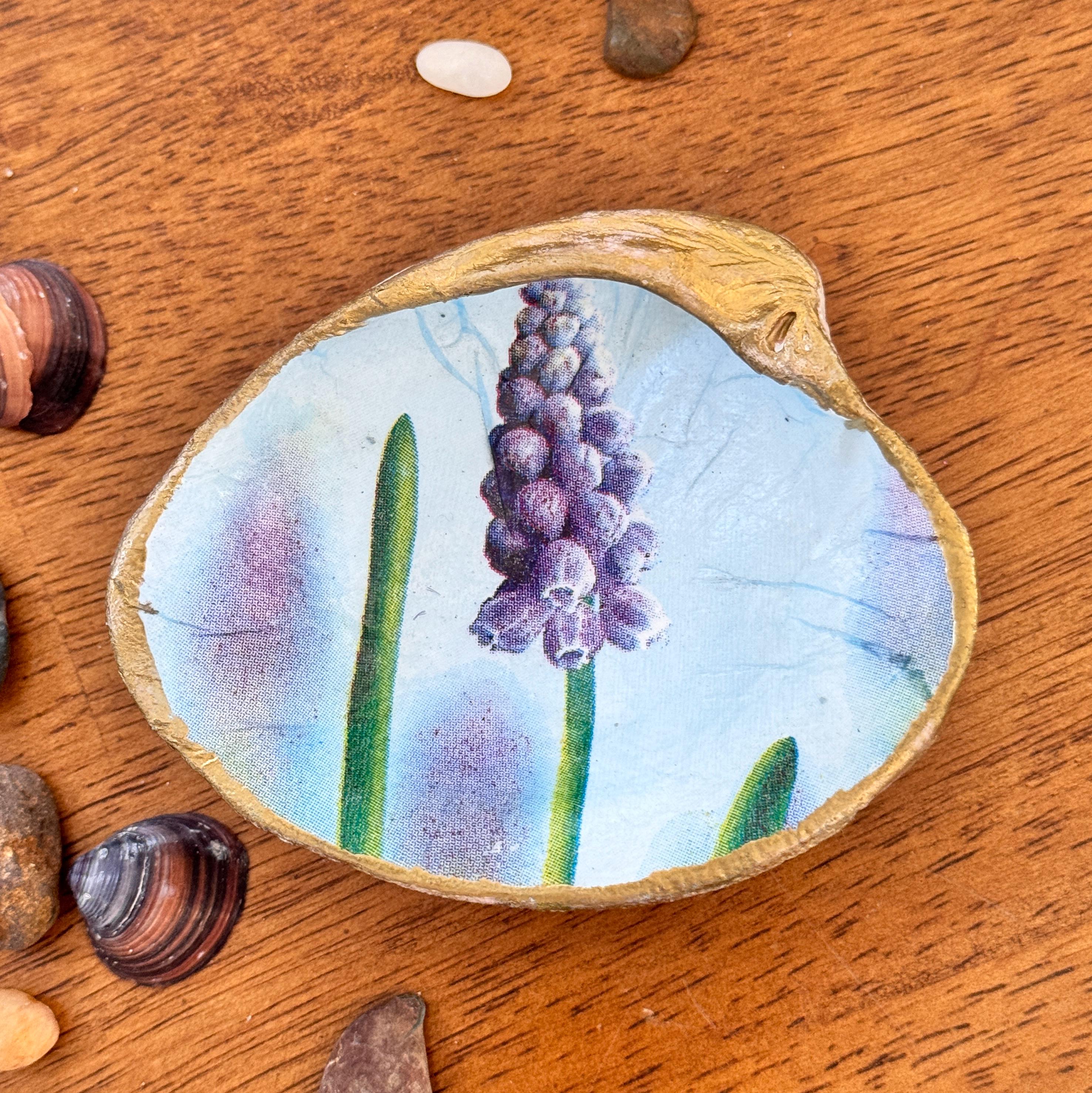 Handcrafted Decoupage Clam Shell: Purple Flowers & Butterfly Trinket ...