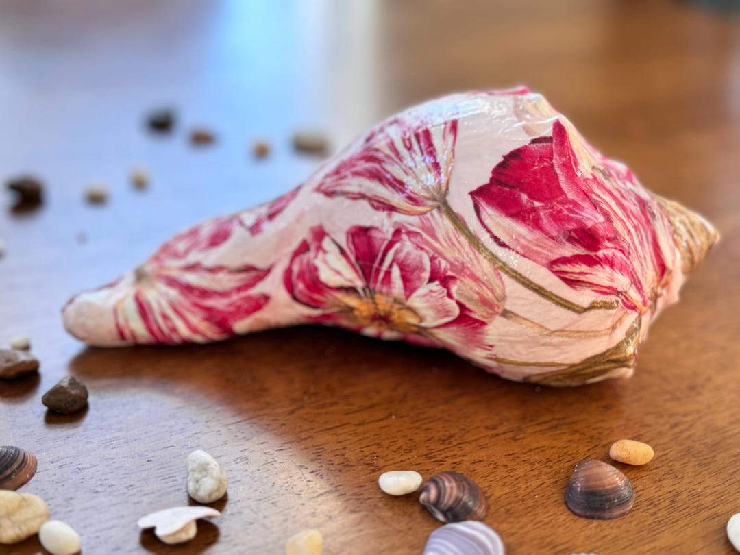 Decoupage Whelk Shell: Pink Floral Coastal Decor - Etsy