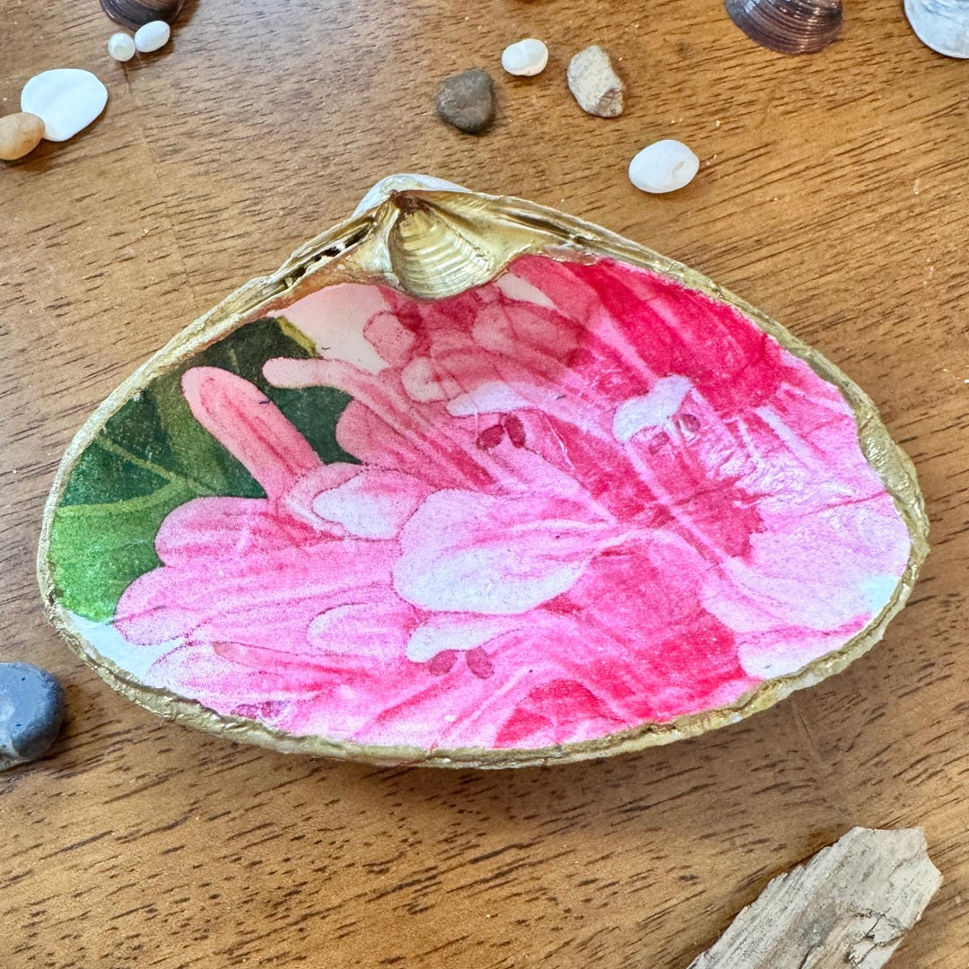 Handcrafted Decoupage Clam Shell, Pink Floral Design, Jewelry and ...