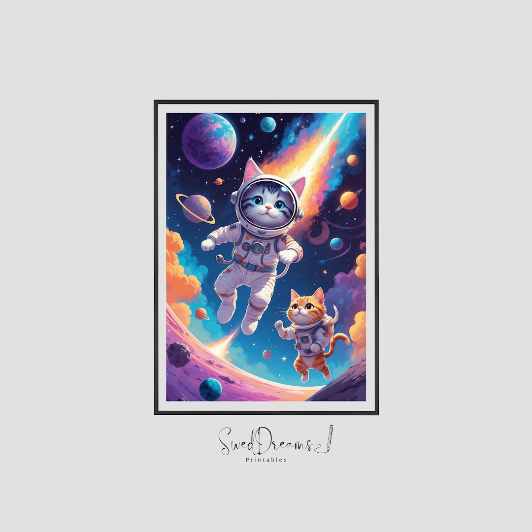 Astronaut Cats in Space - Cute Digital Printable Wall Art for Kids Room ...
